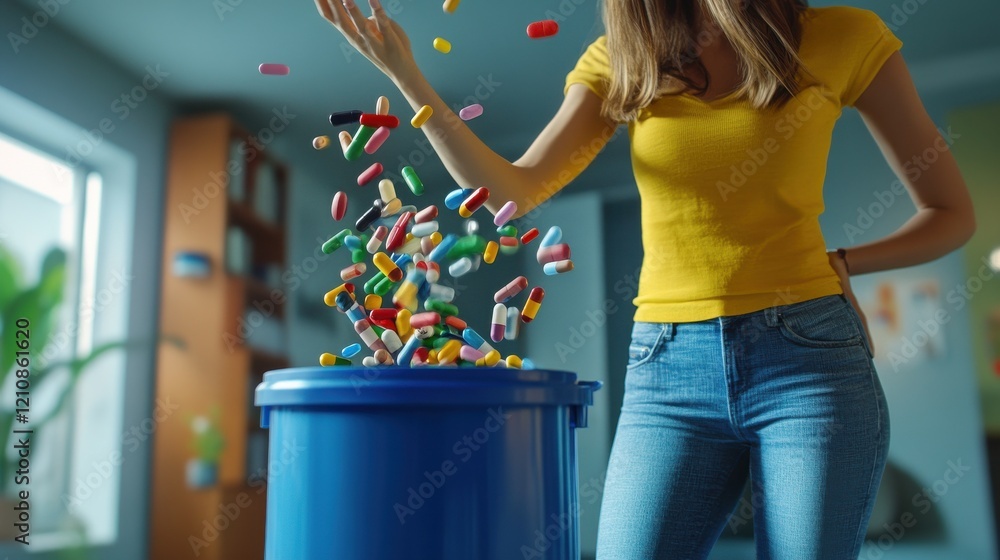 recycling, waste sorting and sustainability concept - woman throwing ...