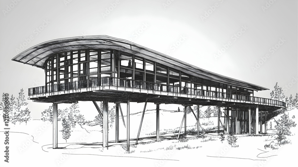 Elevated modern architectural design sketch of a building on stilts ...