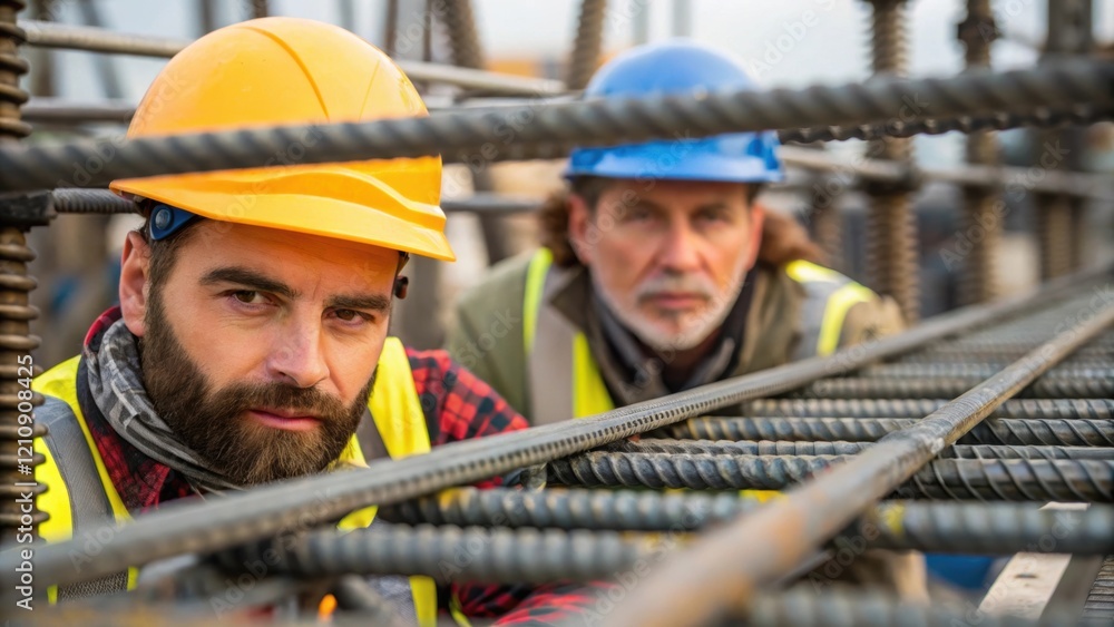 Medium closeup of workers tightening bolts and connecting parts of a ...