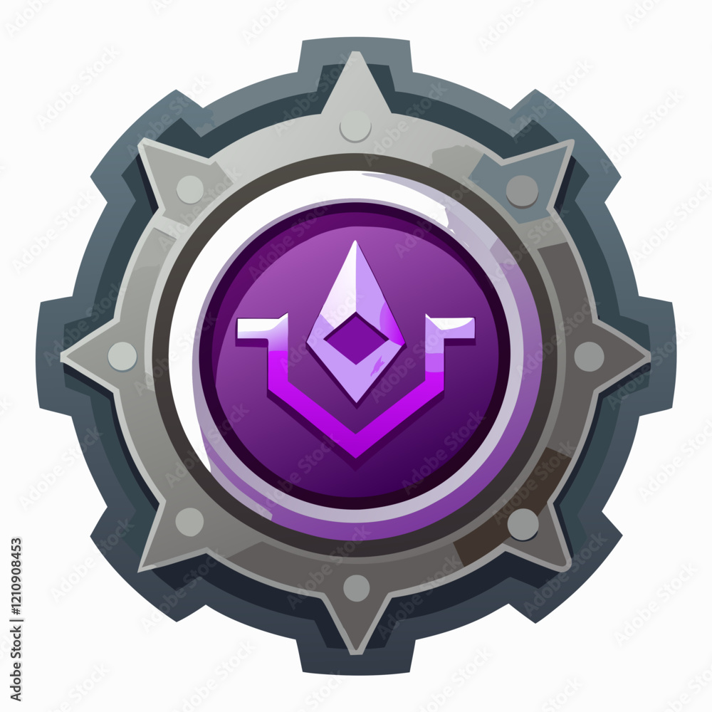 Design of a circular emblem with a stylized symbol in shades of purple ...