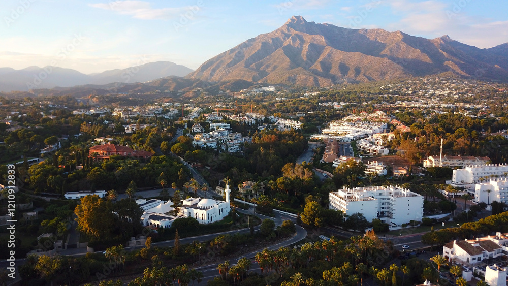 aerial view of the Marbella Grand Mosque in front of the famous Pico de ...