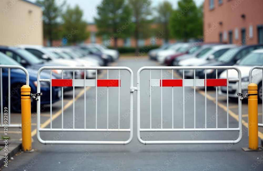 Closed parking gate restricts access. Security barrier limits entrance ...