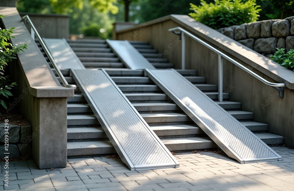 Foto de Stock Accessible ramp combined with gray concrete stairs ...