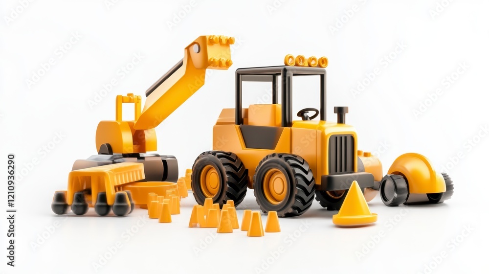 Construction Vehicles and Traffic Cones in Bright Yellow Color Palette ...