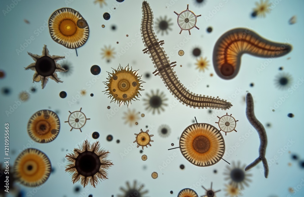 Microscopic view of soil fungi microorganisms, nematodes. Diverse ...