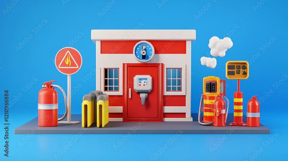 Cartoon gas station with pumps, fire extinguisher, and safety signs ...