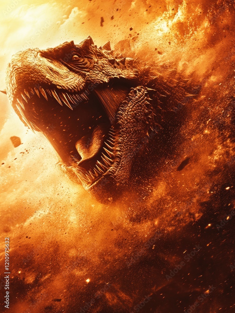 Roaring Tyrannosaurus Rex in fiery apocalypse; prehistoric monster ...