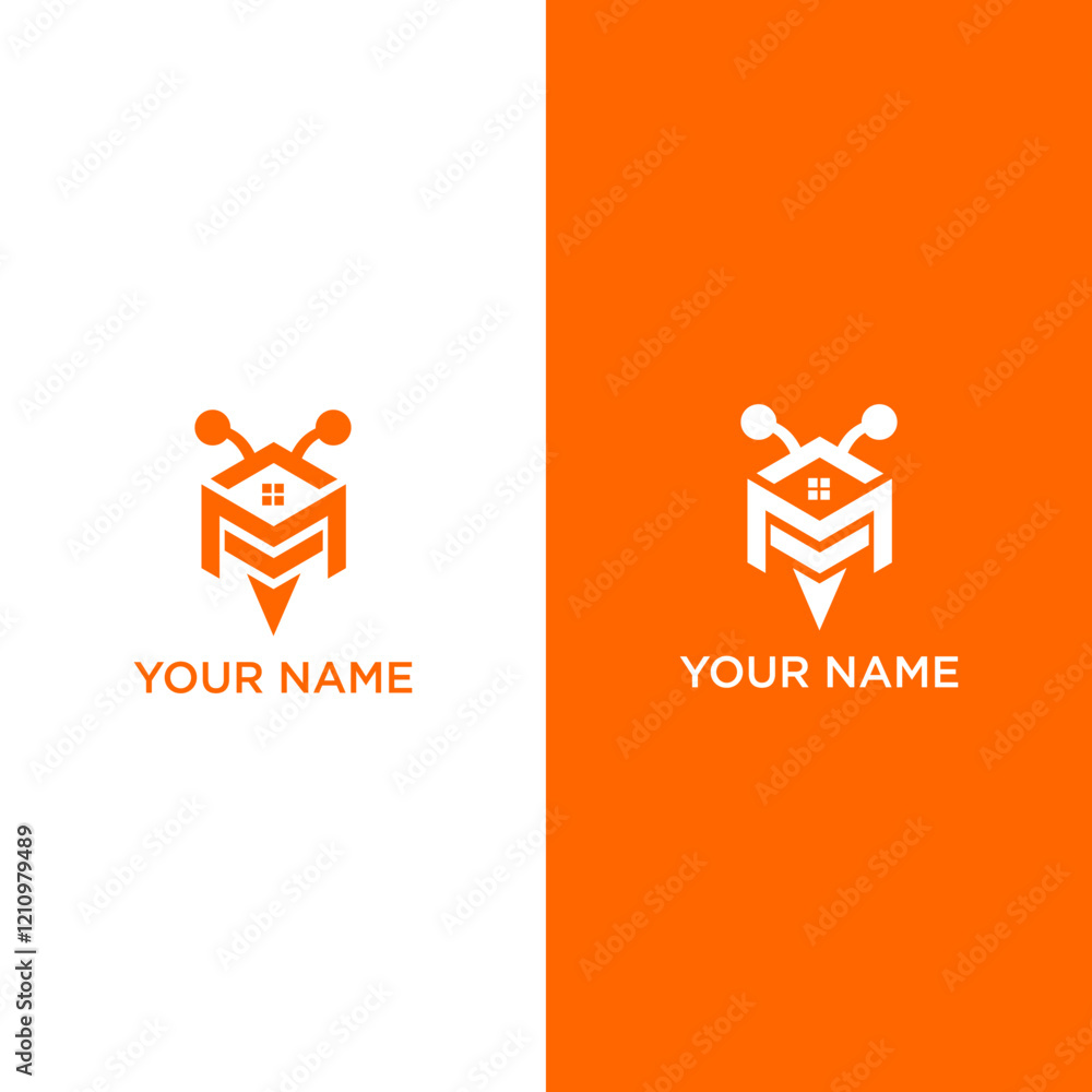 Ilustrasi vektor desain logo inisial M dengan Bee House. Ikon M, tanda ...