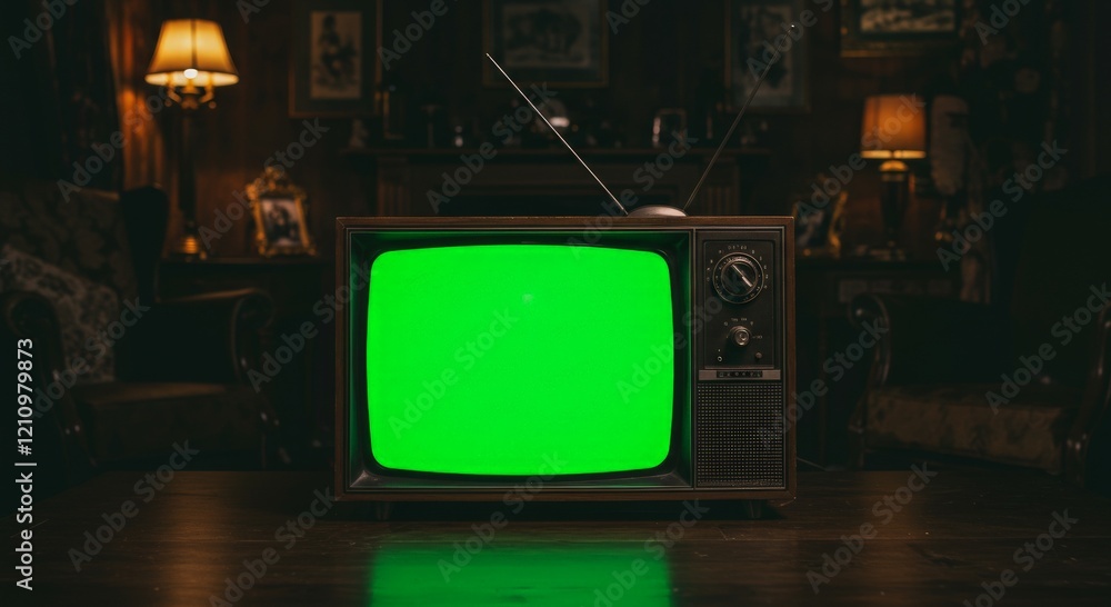Old tube TV set with a plain green screen in a vintage room with dark ...