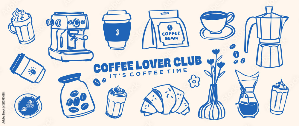 Hand Drawn Coffee Cup, Coffee Shop Clip Art Doodle Line Drawing Latte ...