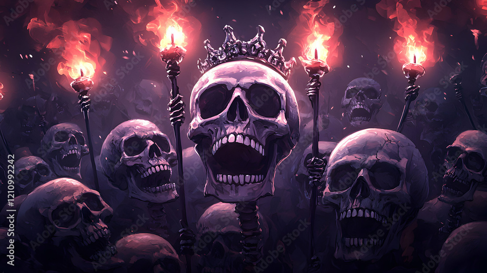 Creepy gathering of skulls with torches dark fantasy scene digital art ...