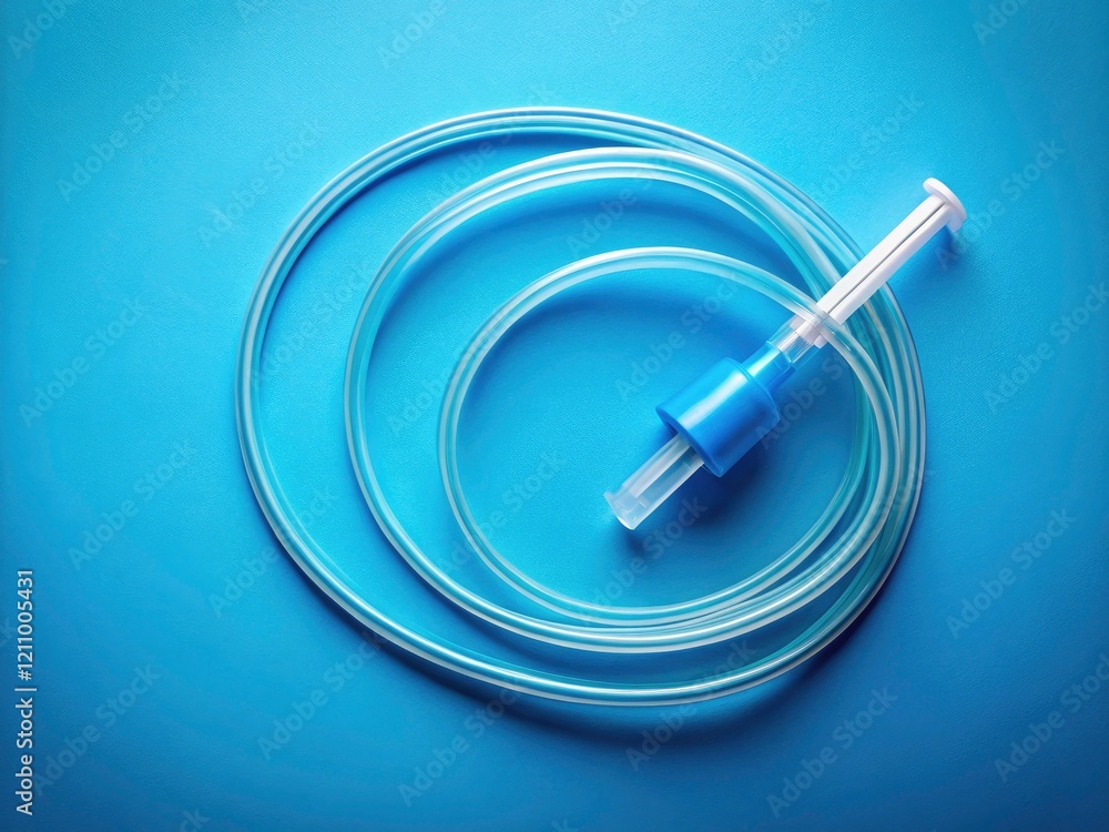 Blue background showcases a medical IV catheter extension tube ...