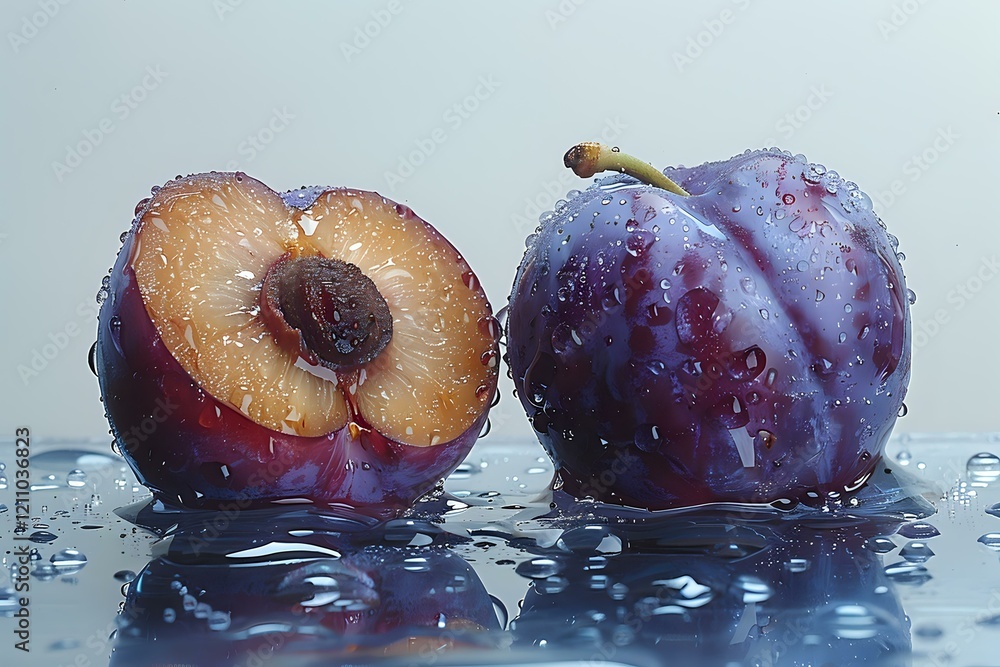Fresh ripe plums with water drops on reflective surface, one whole and ...