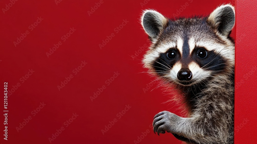 Mischievous raccoon observed peeking from a striking red backdrop ...