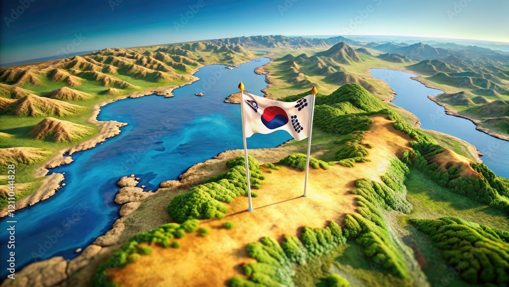 Realistic 3D Korean Peninsula map, draped with the South Korean flag ...
