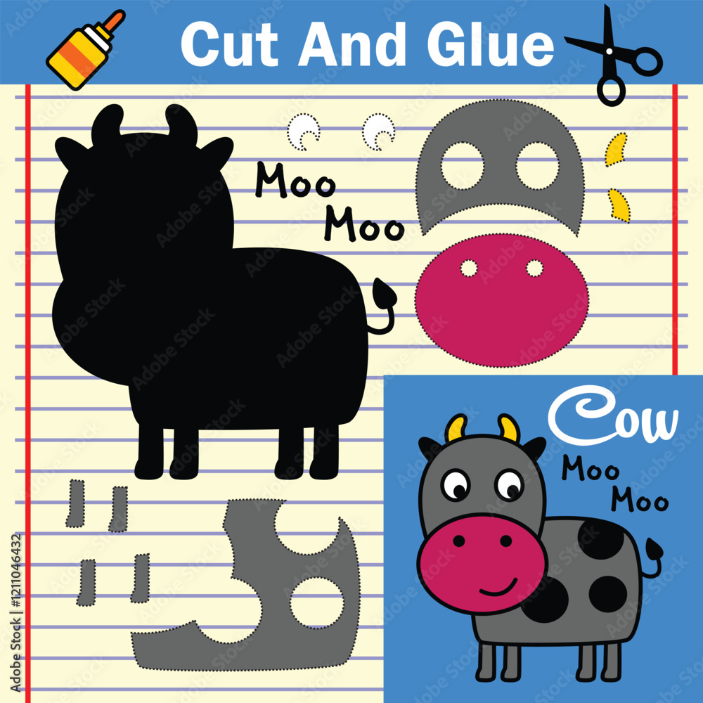 Cut and glue cow paper craft activity with colorful pieces and ...