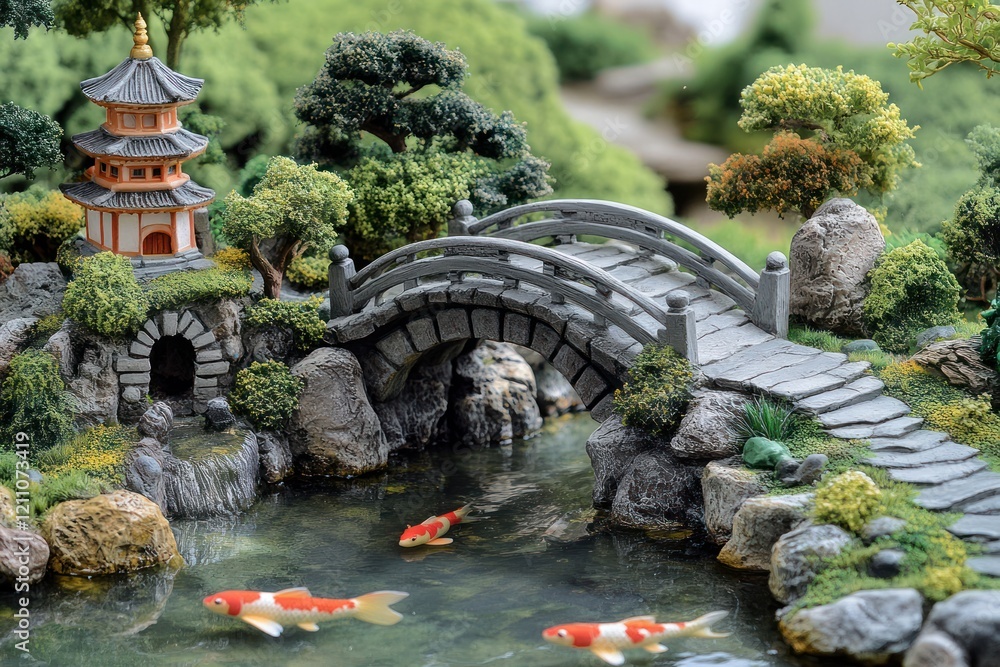 Miniature Zen garden with arched bridge, pagoda, koi pond, waterfall, and stone pathway. Stock ...