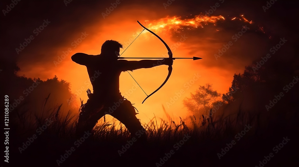 Archer Silhouette Fires Flaming Arrow Under Apocalyptic Sky at Dusk Stock Illustration | Adobe Stock