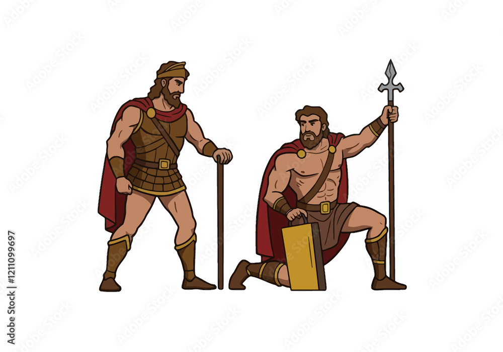 David and Goliath Clip Art. Two warriors in ancient armor, one standing ...