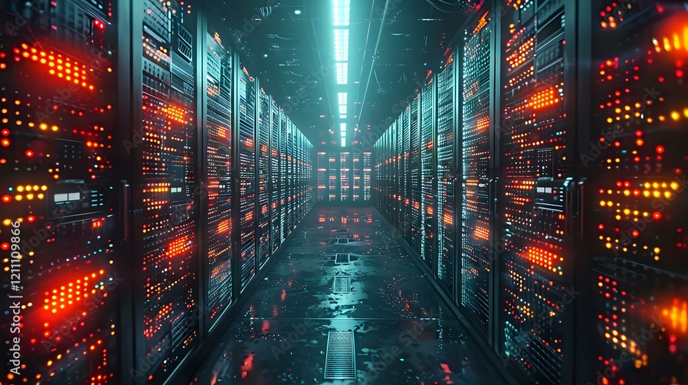 Modern data center corridor with glowing server racks illuminated by ...