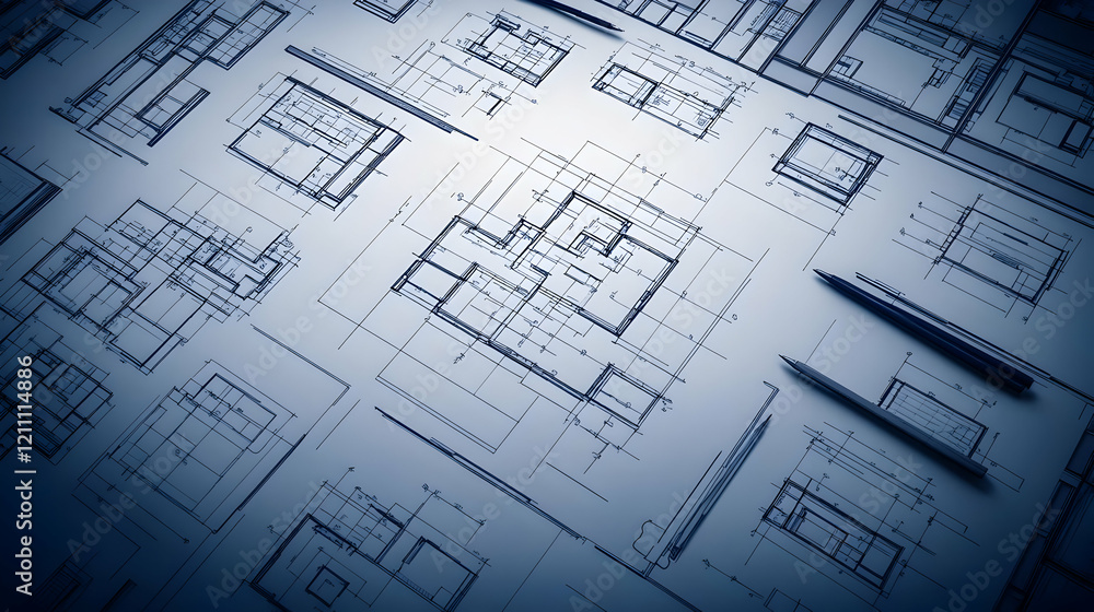 Architectural blueprints display detailed floor plans with precise ...