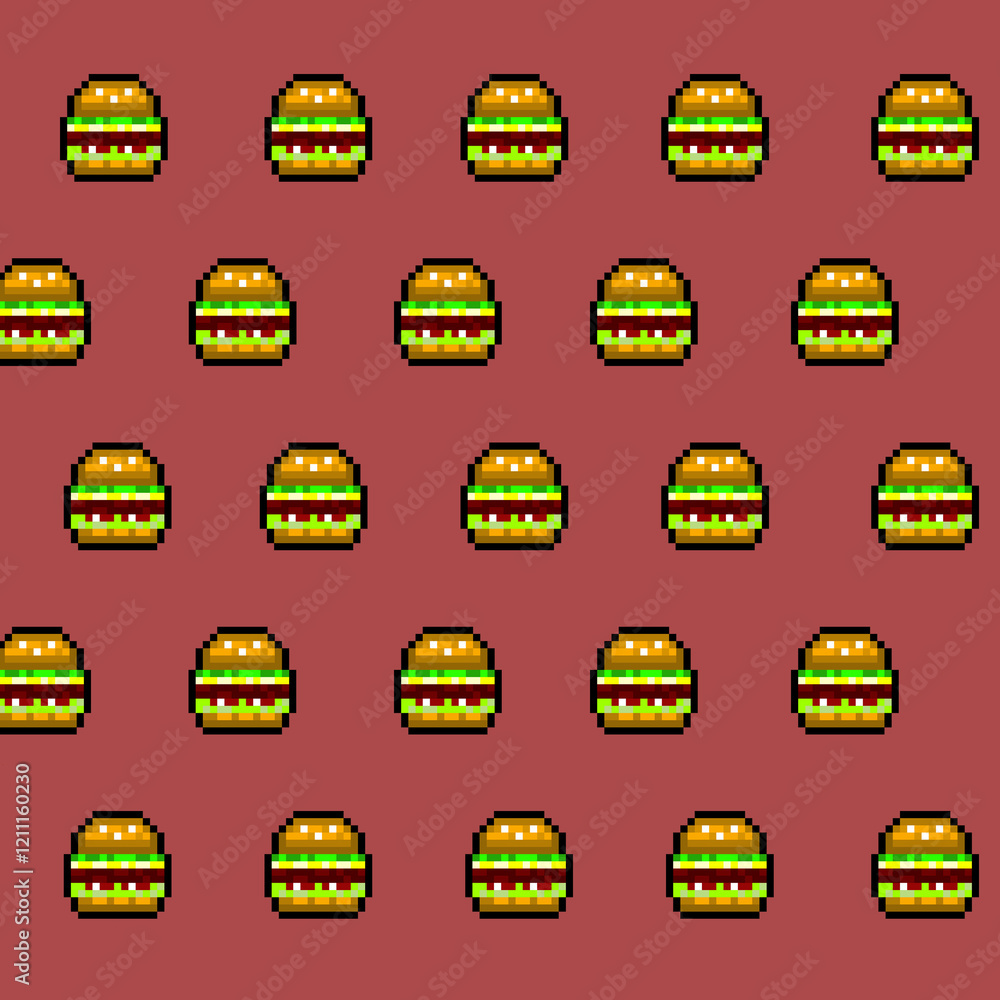 burger pixel art pattern with red pastel color background illustration ...