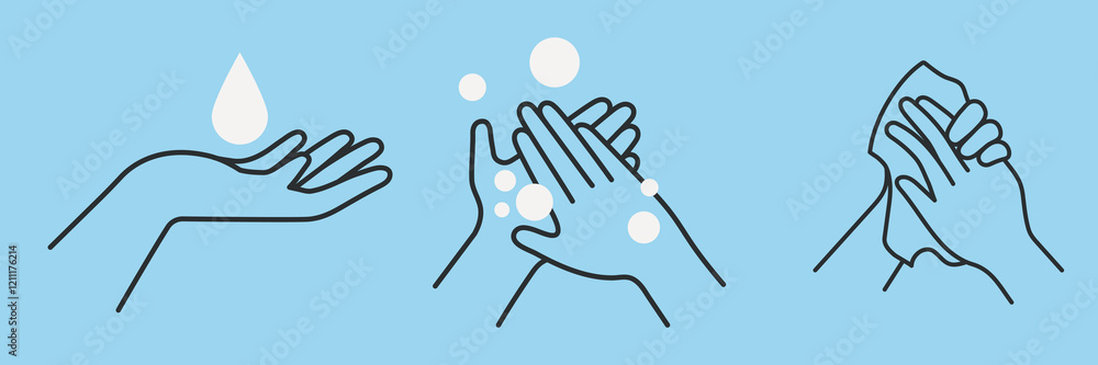Illustration of hand washing steps: water drop, soapy hands, drying ...