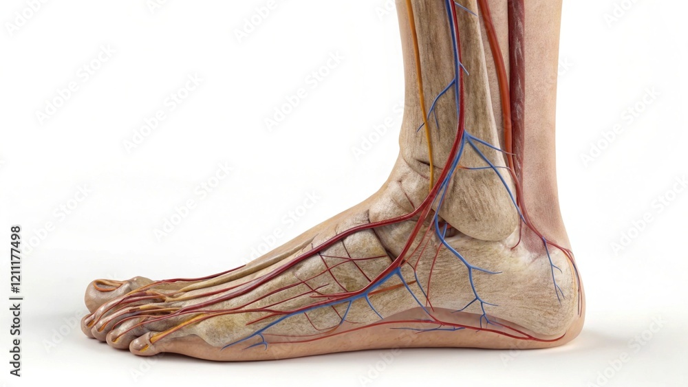 A detailed anatomical model of a foot showing muscles, veins, and ...