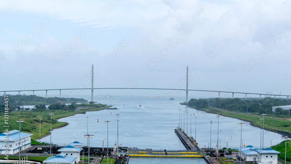 View of the Atlantic Bridge with its concrete pillars and elongated ...