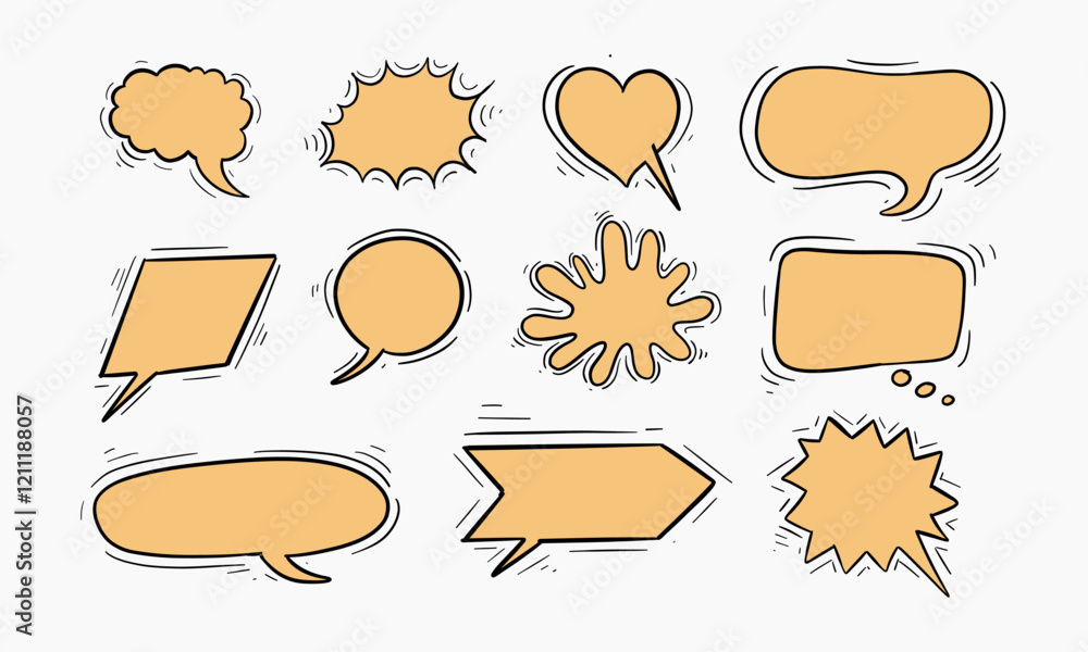 set of hand-drawn comic book style speech bubbles in various shapes and ...