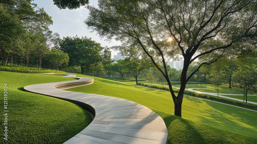 overhead park grounds photography, elegant arcing walkway, vast verdant ...