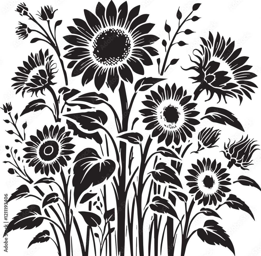 Black Color Sunflowers Silhouette Vector Illustration, Solid White Background. minimal vector ...