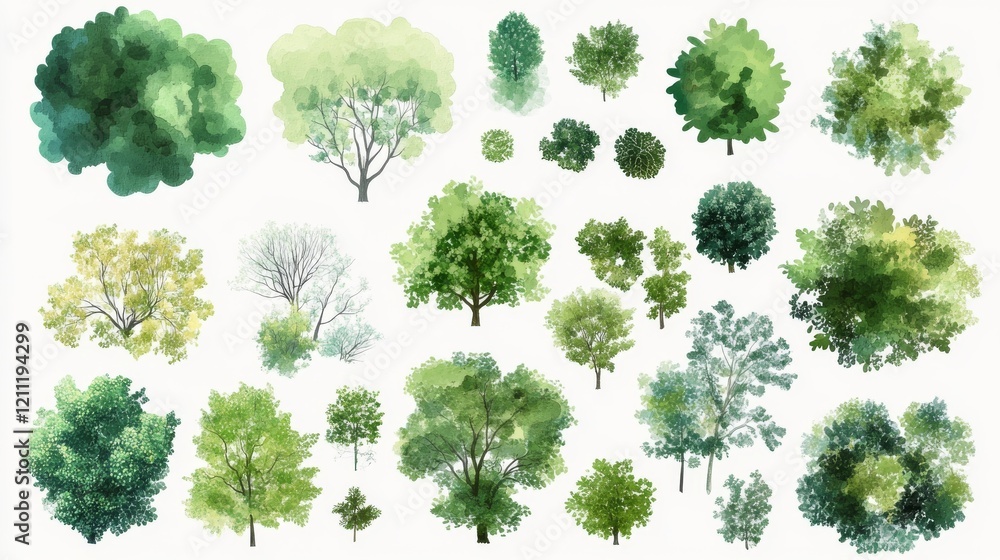 botanical landscape design elements, watercolor styled tree icons ...
