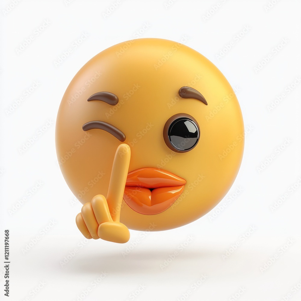 3D emoji, winking face, yellow sphere, finger on lips, shushing gesture ...