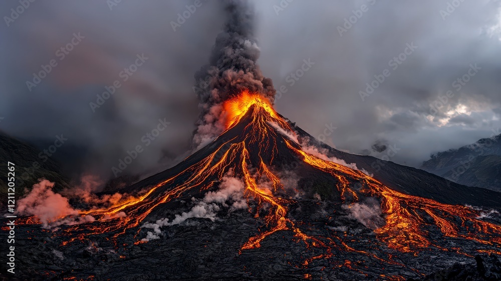 Erupting volcano spewing lava and ash nature's fury landscape ...