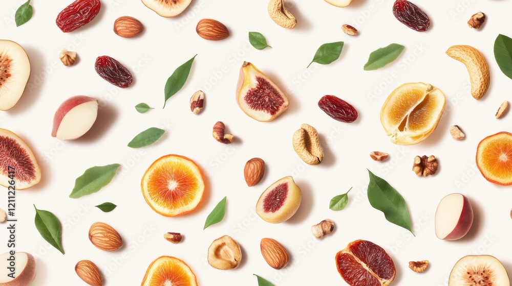 organic food repeat pattern, stylized dried fruit design, scattered nut ...