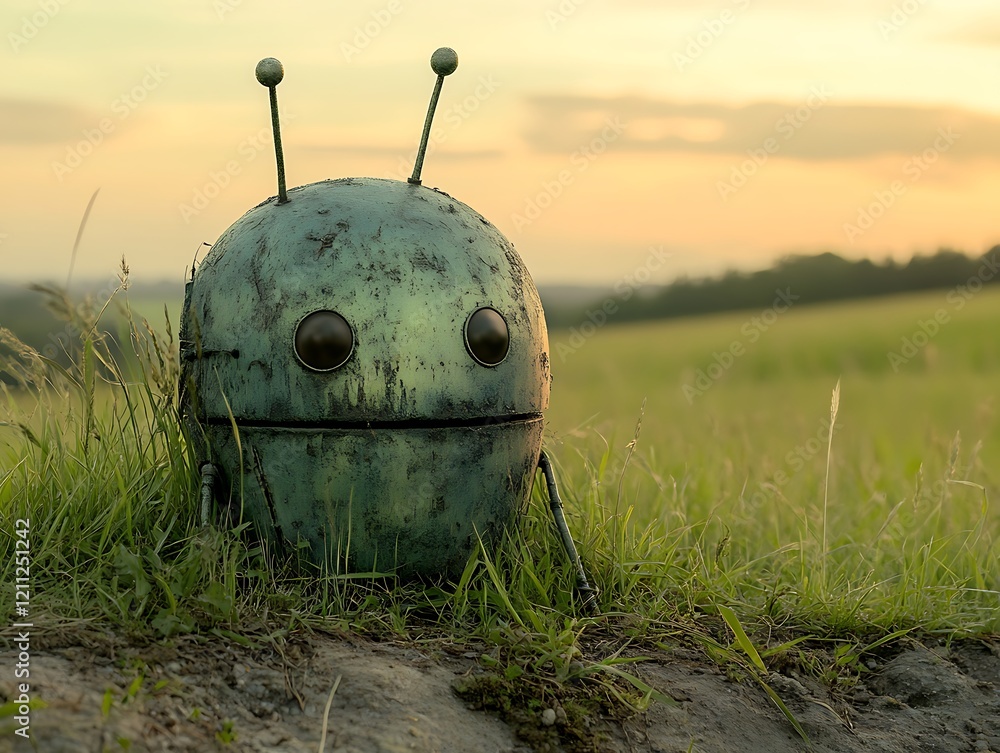 digital artwork featuring a small, whimsical robot standing in a grassy ...