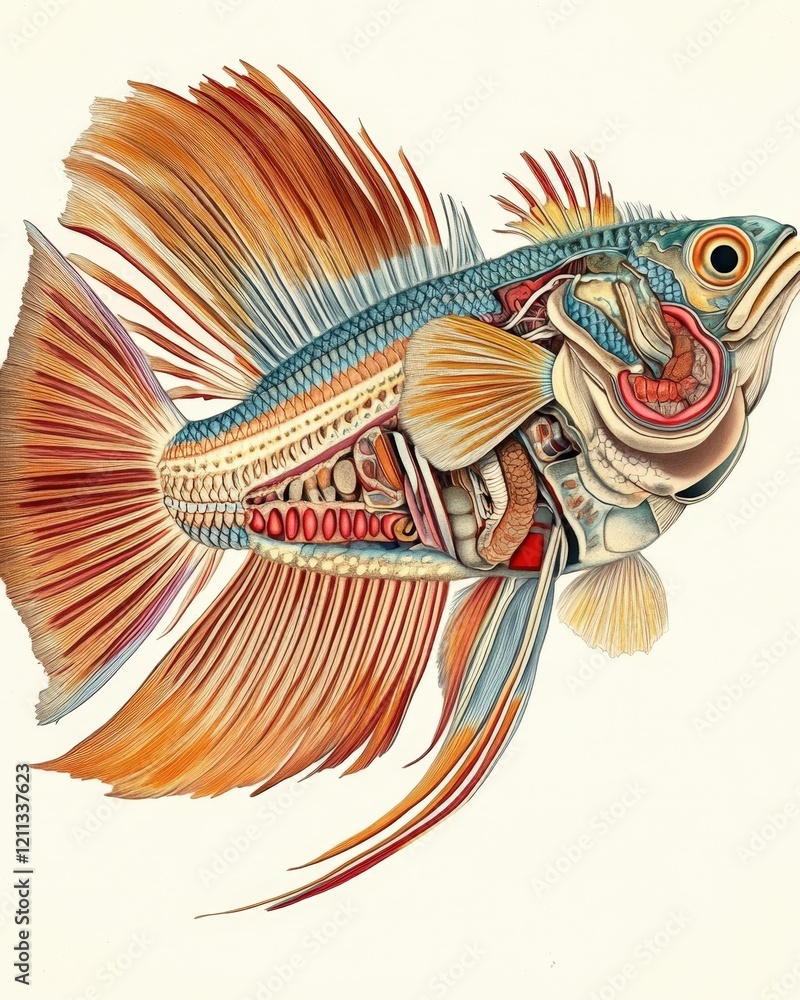 A detailed side view of a fish showing its gills, fins, and internal ...