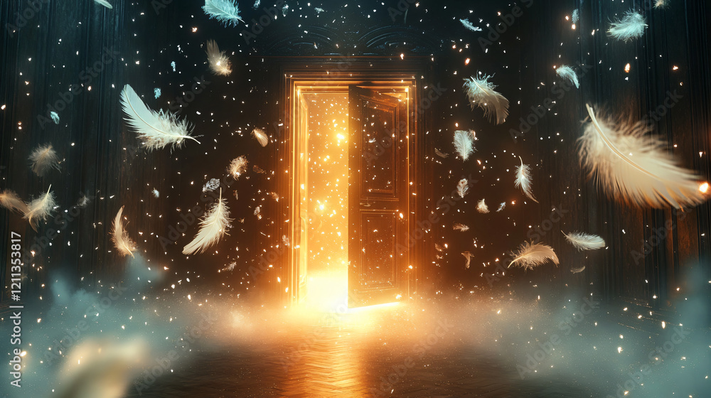 Glowing heavenly entrance radiant light emitting large door ethereal ...