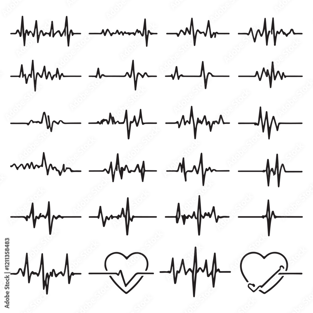 black heartbeat line silhouette vector set with heart symbol ...