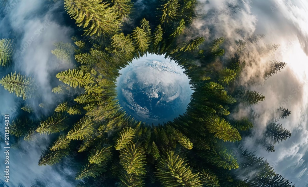 360-degree fisheye panorama of a forest in the center of planet Earth ...