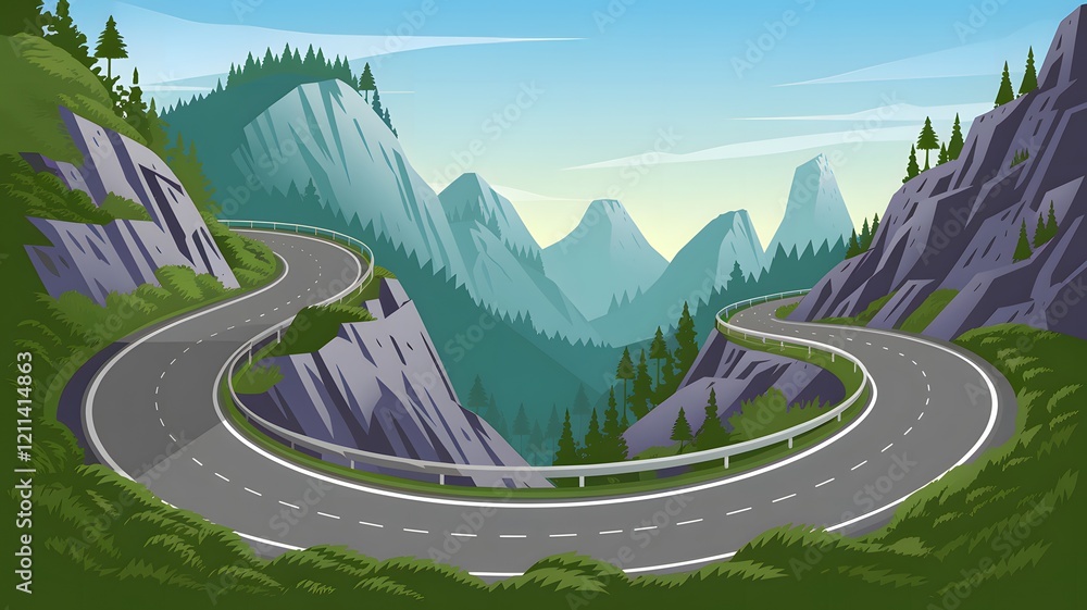 An animated depiction of a convoluted route with mountains in the ...