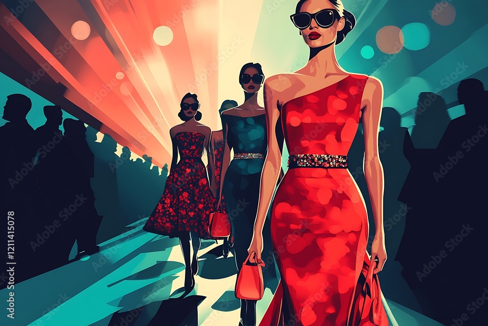 Retro pop art poster of a glamorous fashion runway, with models ...