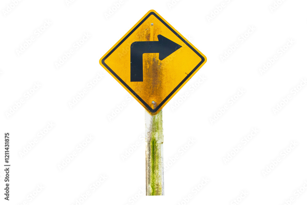 Warning traffic sign yellow right turn sign on concrete pole isolated ...