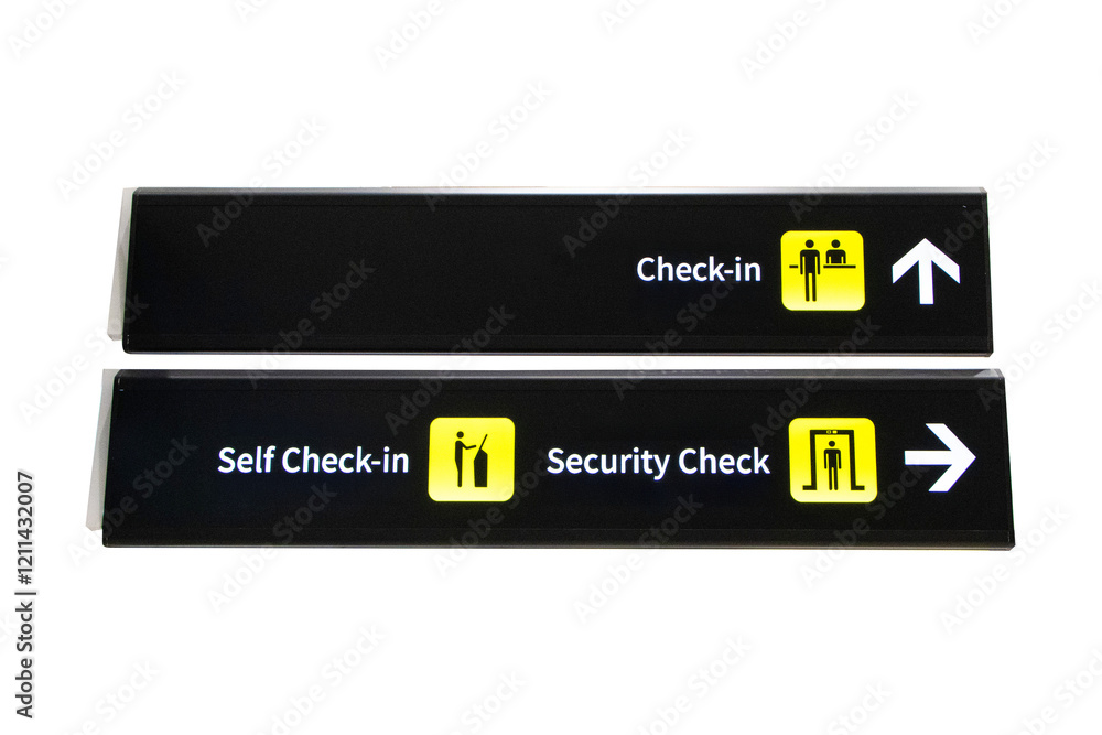 Black signs with white letters and icon symbol for Check-In, Self Check ...