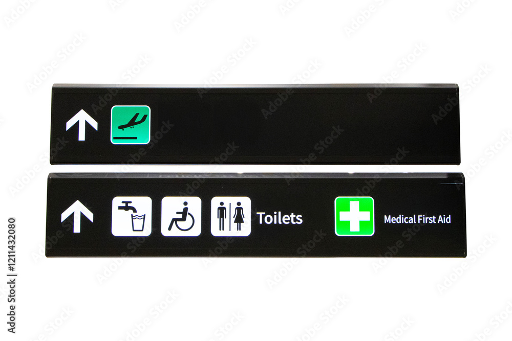 Black signs with white letters and icon airplane and symbol for Toilets ...