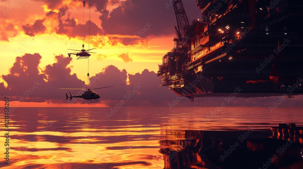 Offshore oil rig with helicopter approaching at sunset: Warm colors in ...