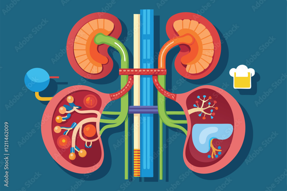 Illustration depicts the nephron and components of the kidney with ...