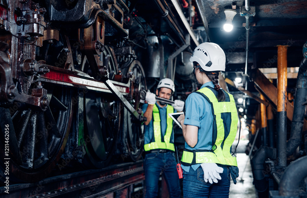 Team of engineer railway wearing safety uniform and helmet under ...