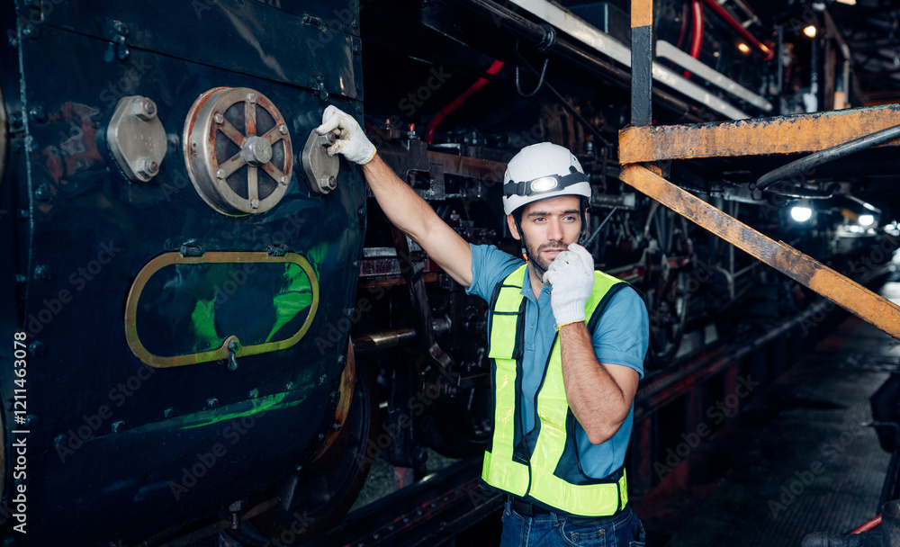 Male engineer worker maintenance locomotive engine wearing safety ...